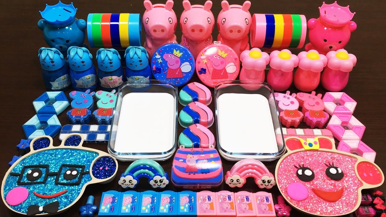 Peppa Pig Slime Pink vs Blue | Mixing Beads and Glitter into Slime #715 ...