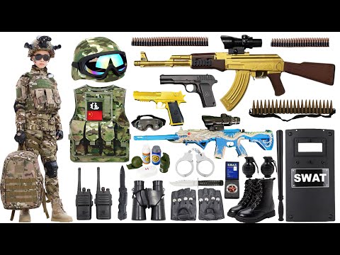 Unboxing special police weapon toy set, AK47 automatic rifle, M416, Desert Eagle toy pistol, bomb