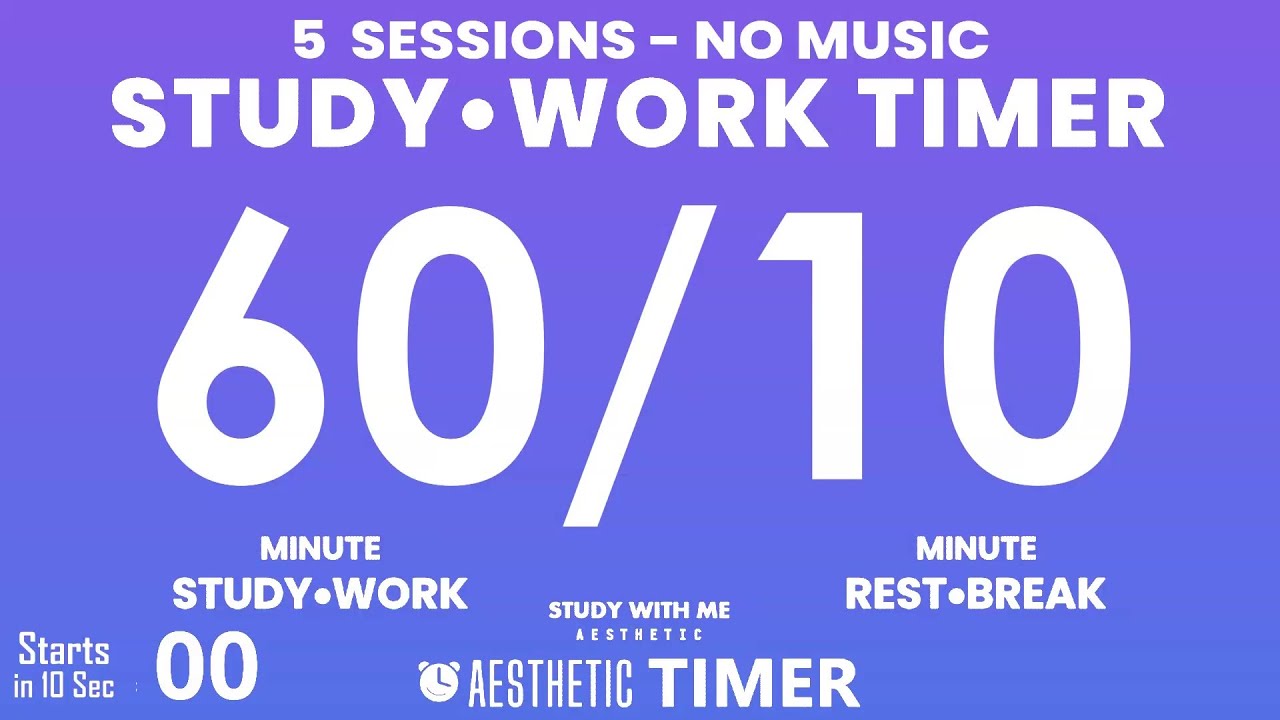 60/10 Pomodoro Timer, Dark Mode | No Music Study Session, 5 Sessions ...