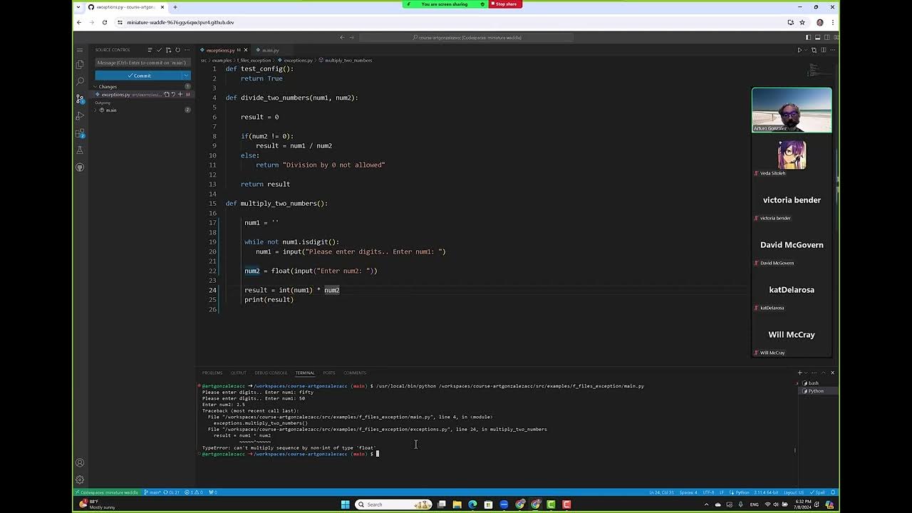 070824 COSC 1336 Python defensive coding(multiply numbers) - YouTube