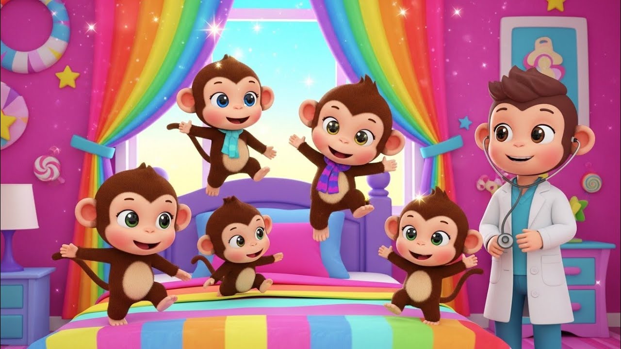 🐒🎶 Five Little Monkeys Jumping on the Bed | Funny Counting Song for ...