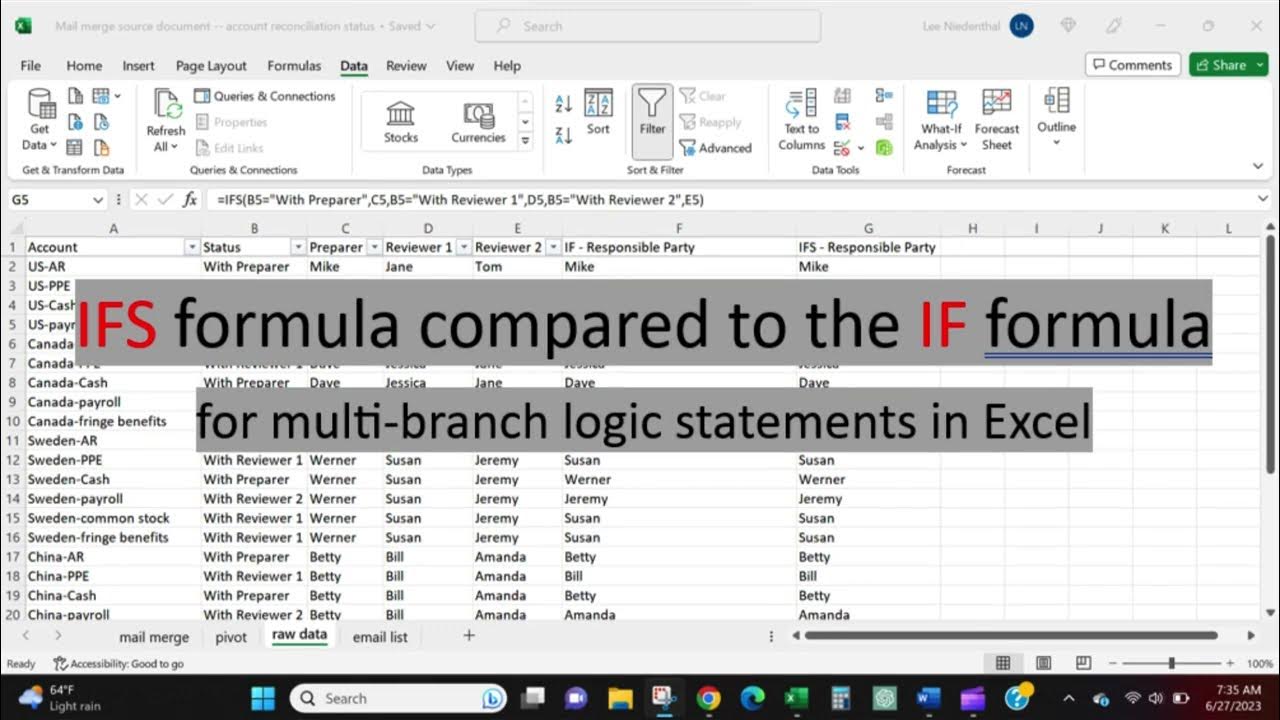 Excel IFS function compared to the legacy IF function for multi-branch logic statements - YouTube