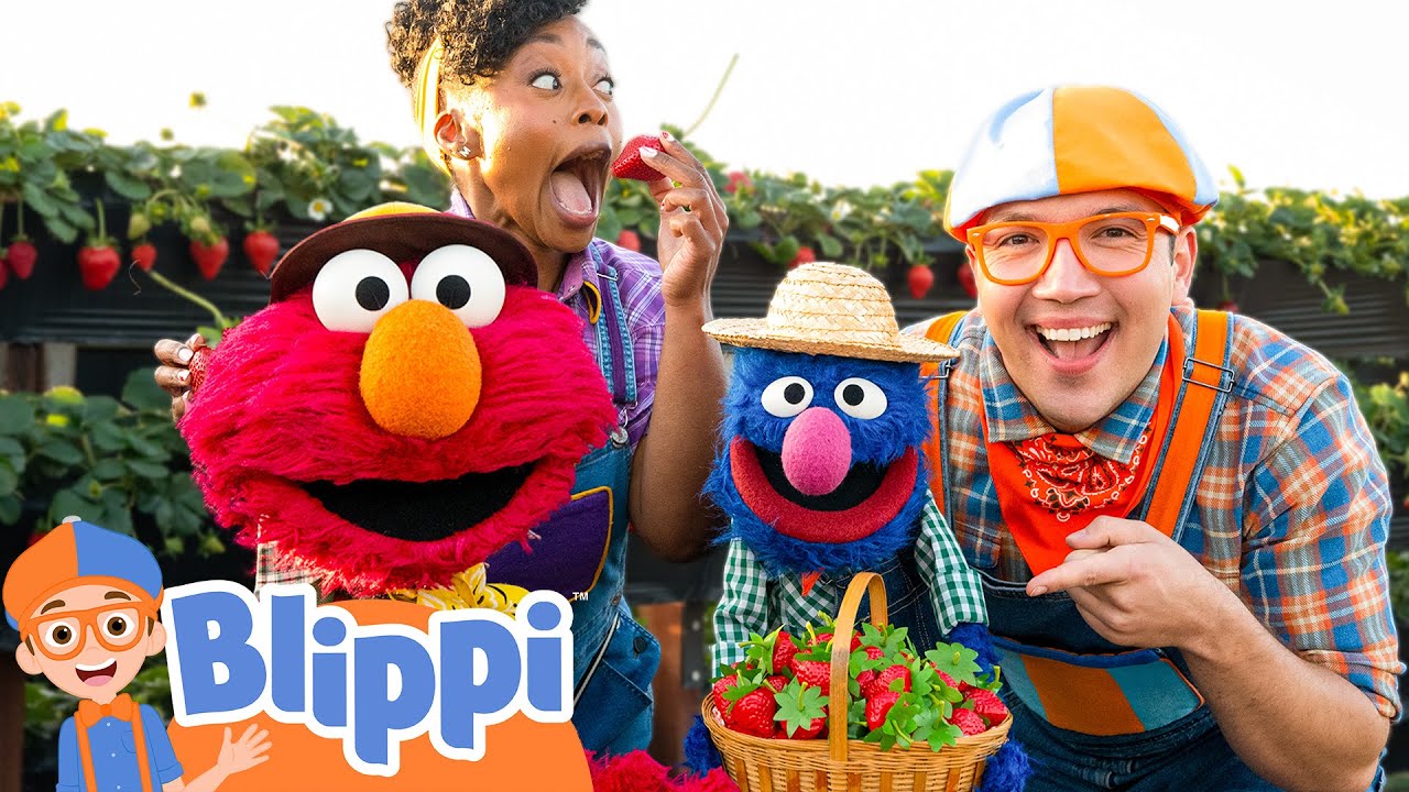 Blippi & Elmo pick strawberries ! | Blippi x Sesame Street | Farm and ...