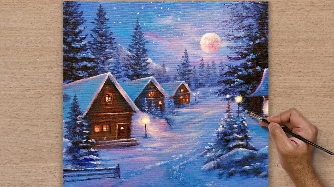 Easy Way to Paint a Snowy Winter Night / Acrylic Painting / STEP BY ...
