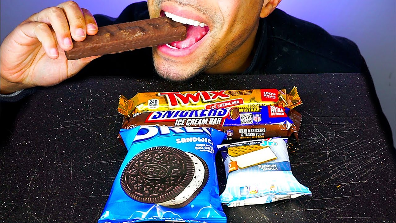 ASMR TWIX SNICKERS OREO FATBOY ICE CREAM BAR SANDWICH CANDY TREAT BIG ...
