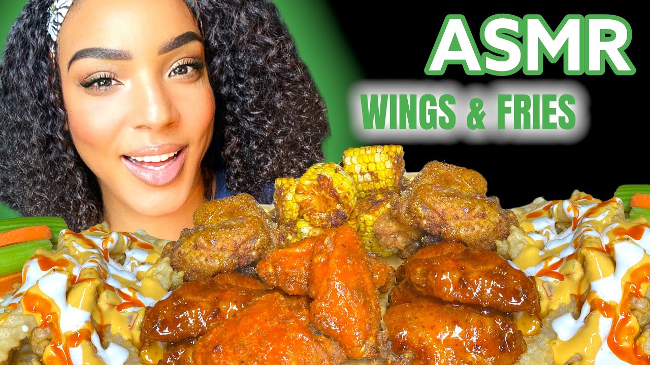 먹방ASMR MUKBANG | Wings + VooDoo Fries & Cajun Corn | No Talking | Nene’s Eats ASMR - YouTube