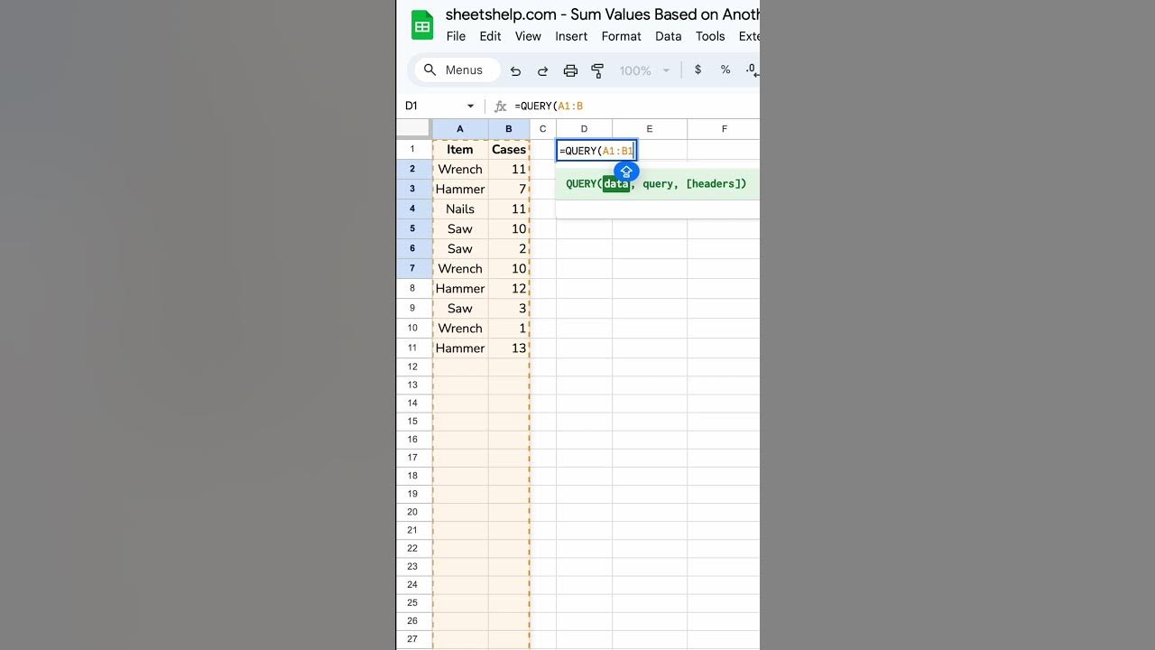 Sum Values Based on Other Cells #googlesheets #query - YouTube
