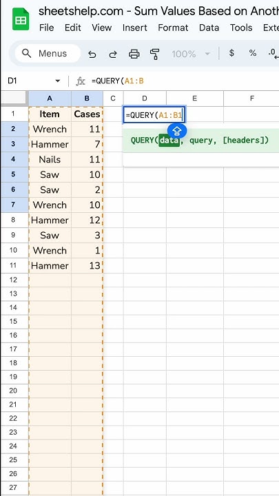 Sum Values Based on Other Cells #googlesheets #query - YouTube