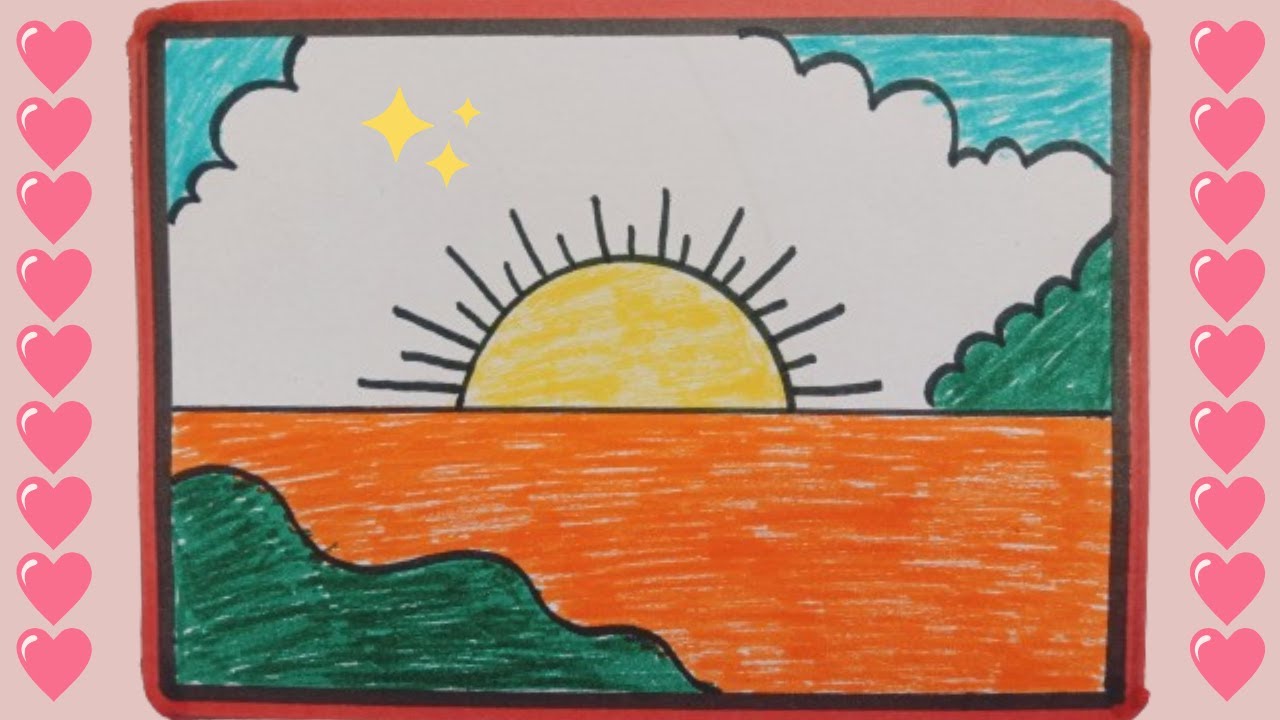 Sunrise scenery drawing | step by step sunrise scenery drawing for ...