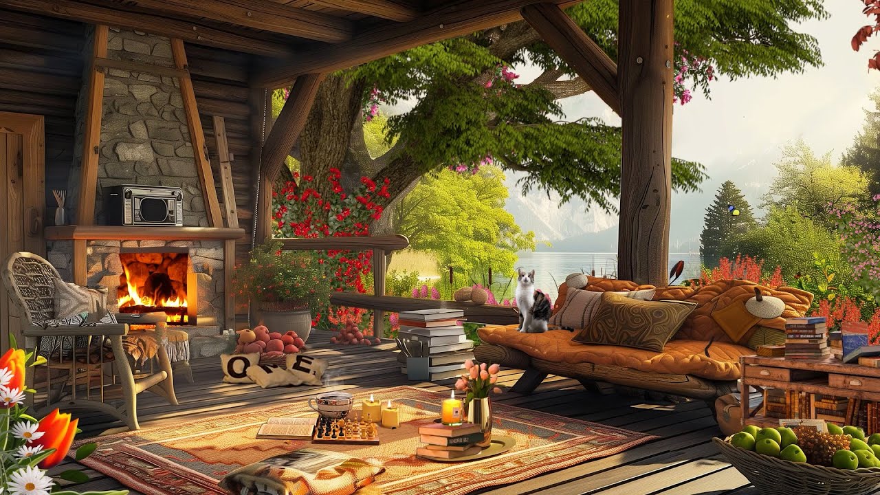 Cottagecore Morning Tea: Spring balcony Ambiance in Sunny Day with Bird ...