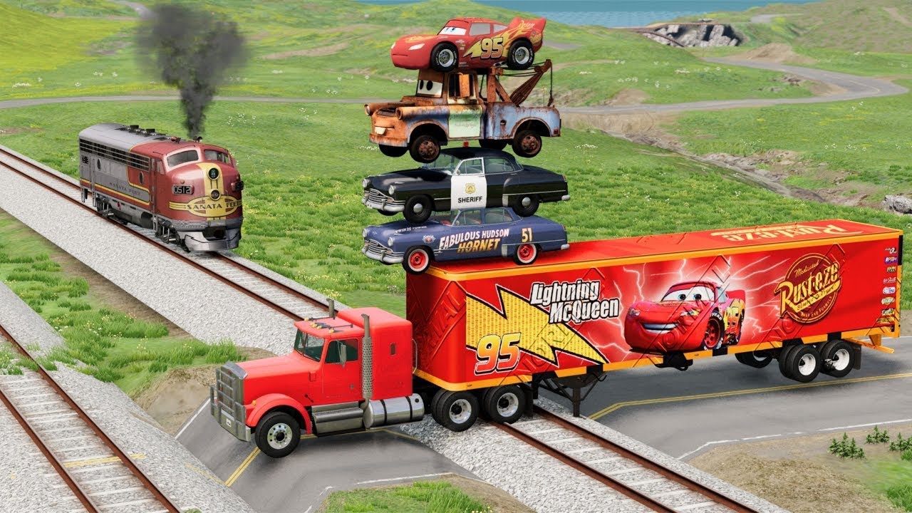 Double Flatbed Trailer Truck vs Speedbumps Train vs Cars Tractor vs ...