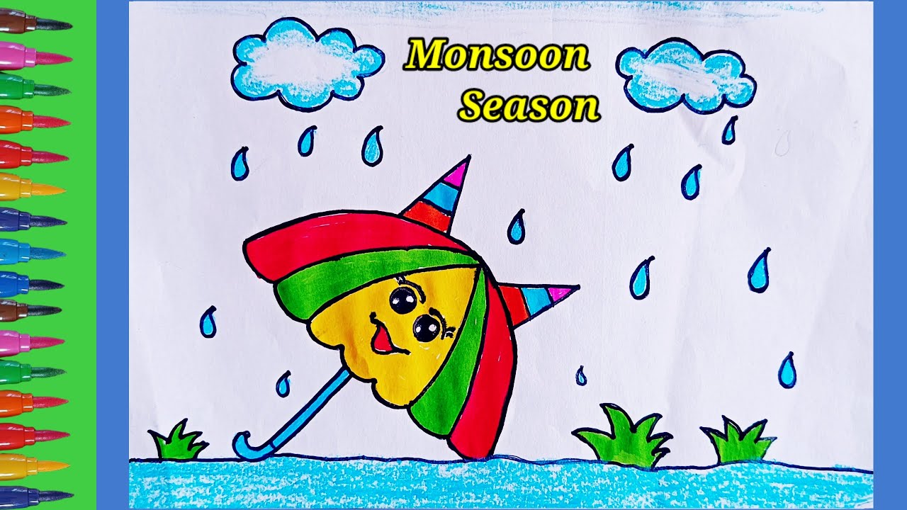 Monsoon Season, Rainy day Drawing | Easy Umbrella Drawing for kids ...