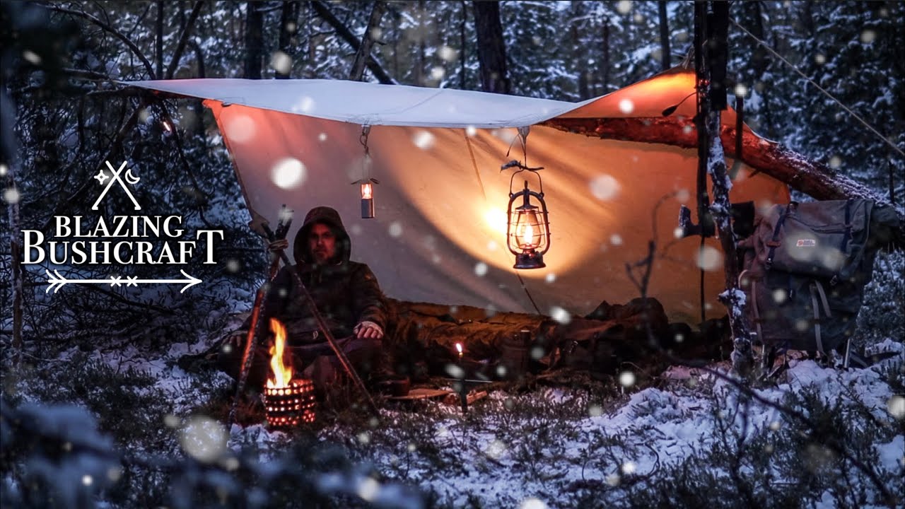 Bushcraft Winter Camp / Tarp Setup / Campfire Cooking - YouTube