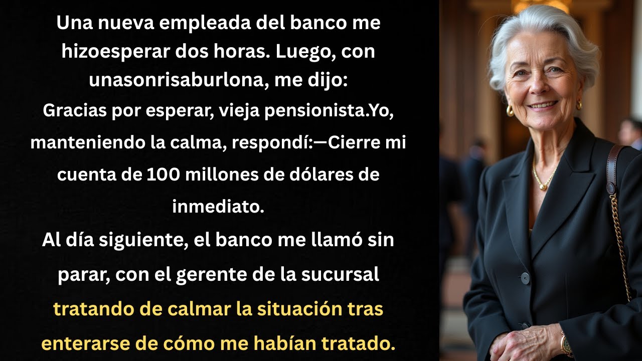 “Older confident woman in a bank, smiling calmly, asserting power over ...