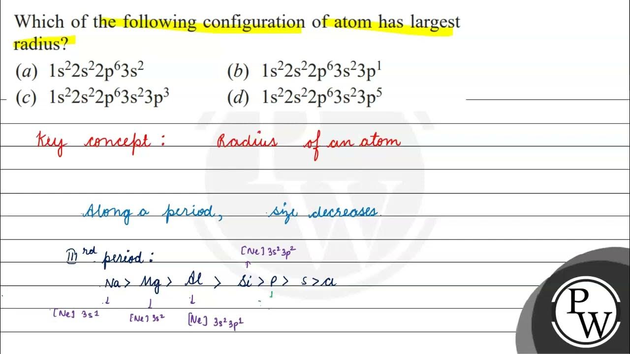 Which of the following configuration of atom has largest radius? (a) \( 1 \mathrm{~s}^{2} 2 \mat ...