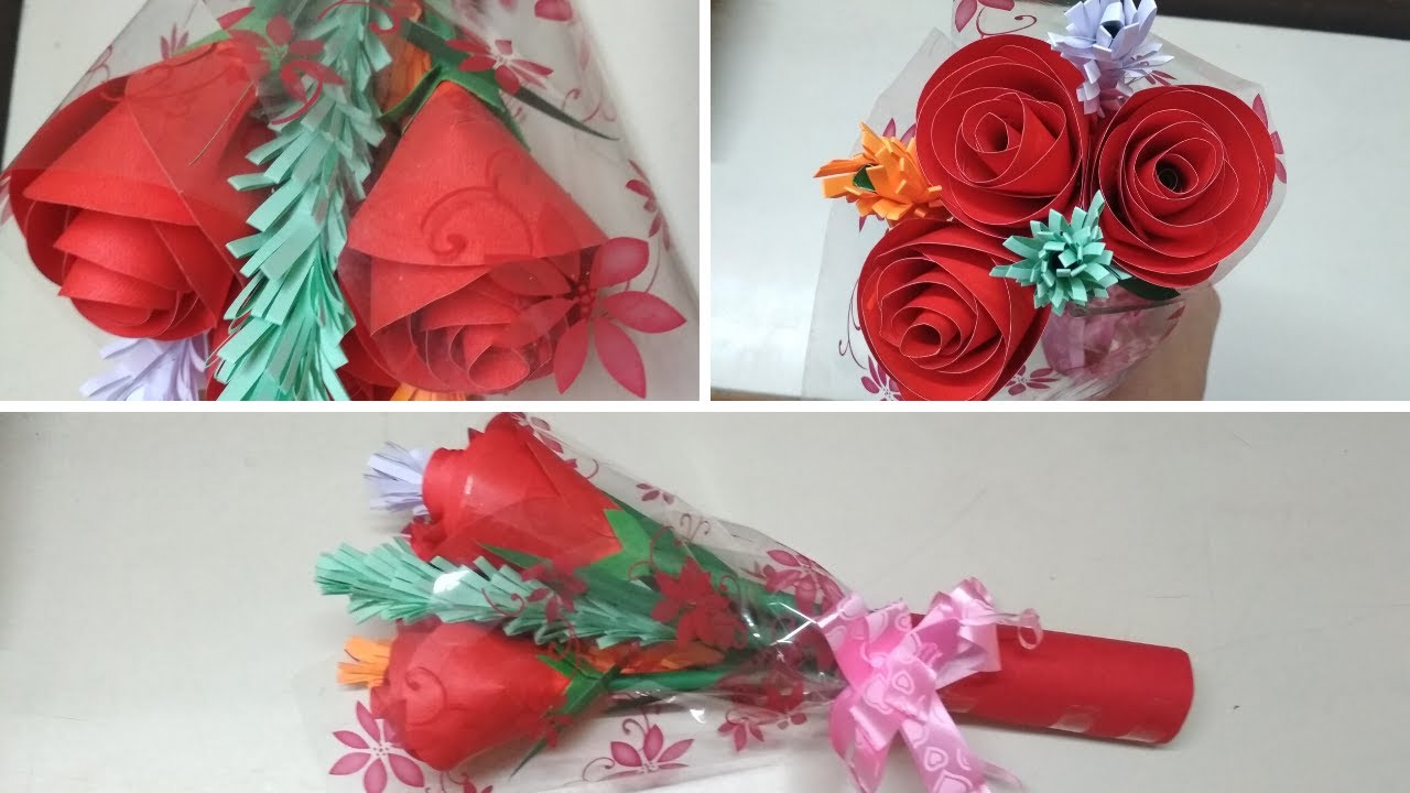 How To Make Paper Rose | Paper Rose Flower Bouquet Making | DIY | Paper ...