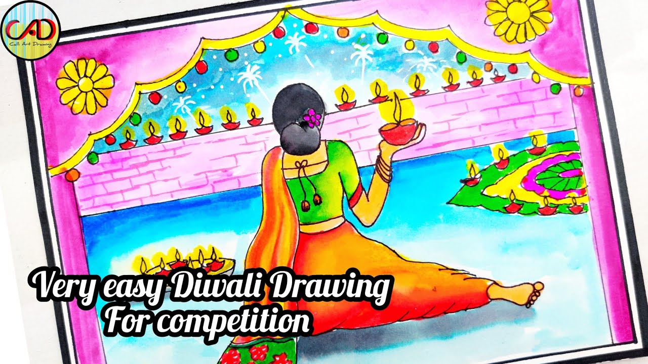 How to Draw Diwali scene Drawing / Indian festival poster / Deepawali ...