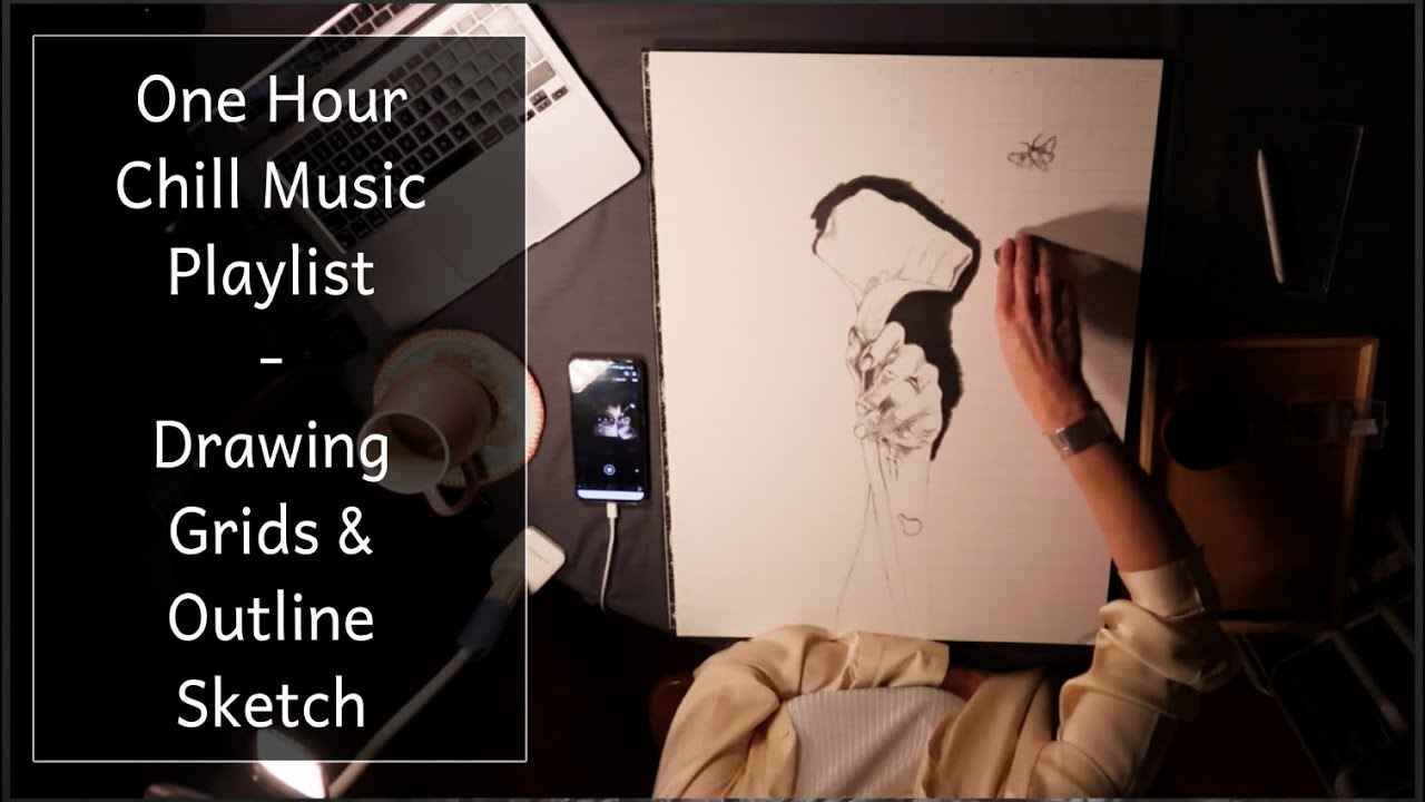One Hour Chill Music Playlist - Drawing a Grid and Outline Sketch - ᓚᘏᗢ ...