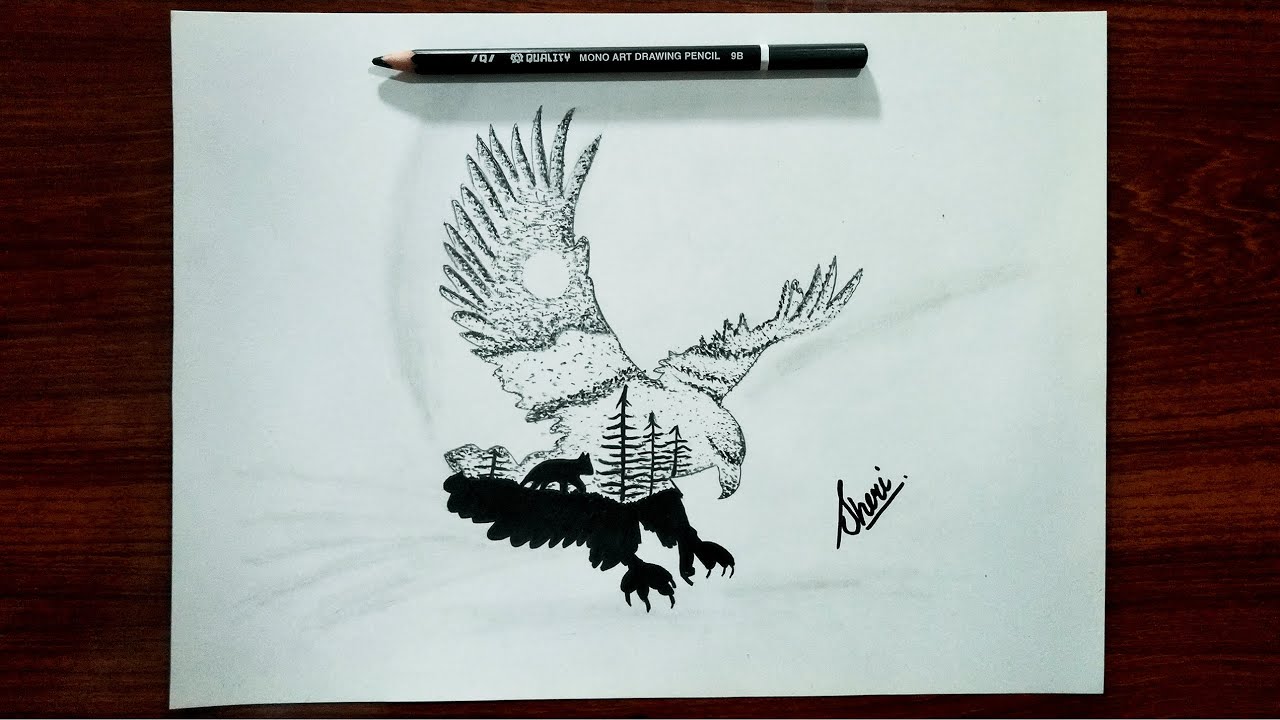 Double Exposure drawing of Eagle and Animal kingdom with Dots time ...