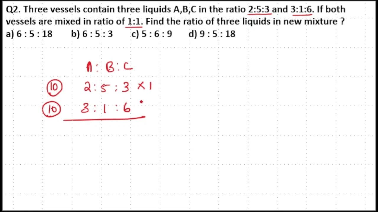 Three vessels contain three liquids A,B,C in the ratio 2:5:3 and 3:1:6. If both vessels are ...