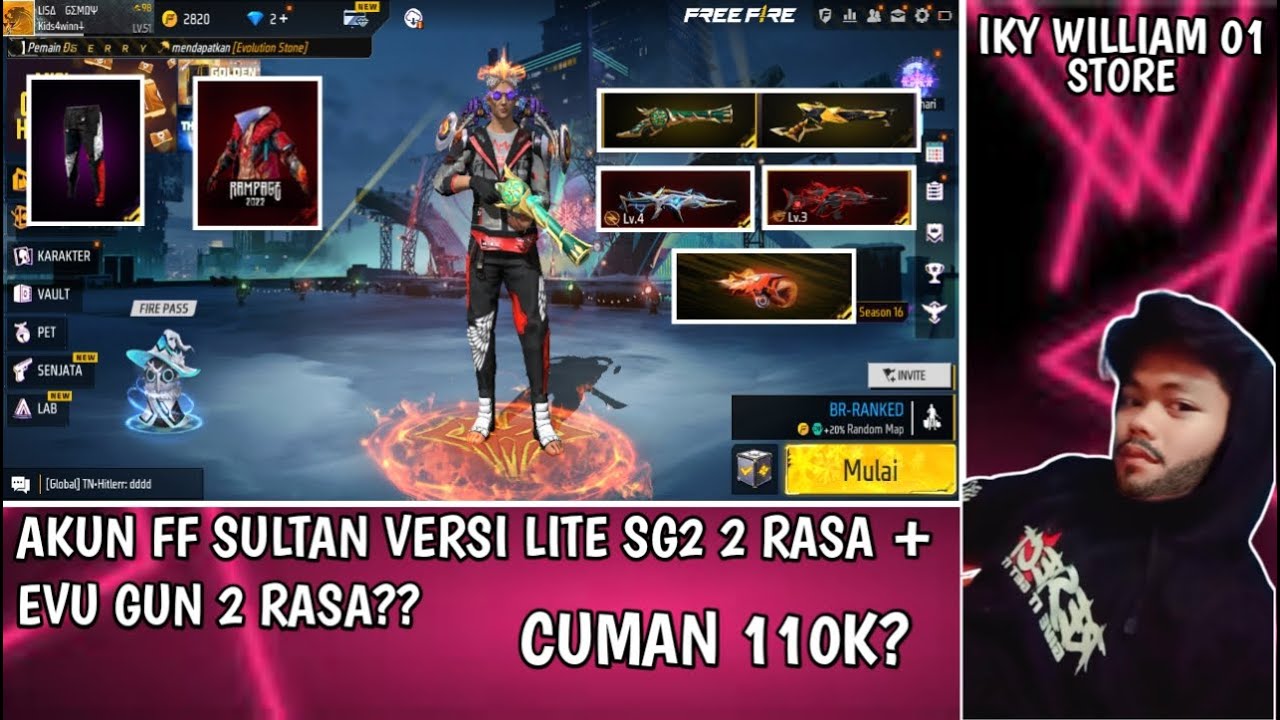 AKUN FF SULTAN VERSI LITE SG2 2 RASA+BANDLE RAMPAGE ON CUMAN 110K - YouTube