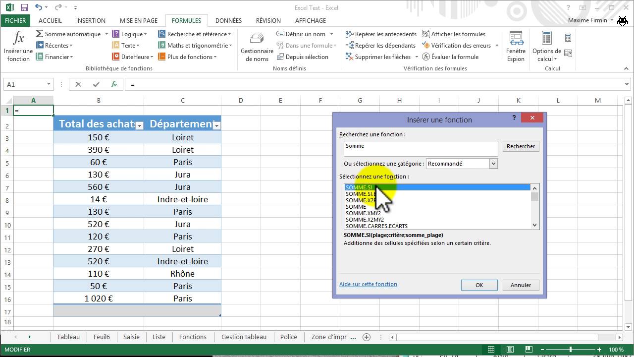 Insérer une fonction excel exemple somme conditionnelle Excel 2013 ...