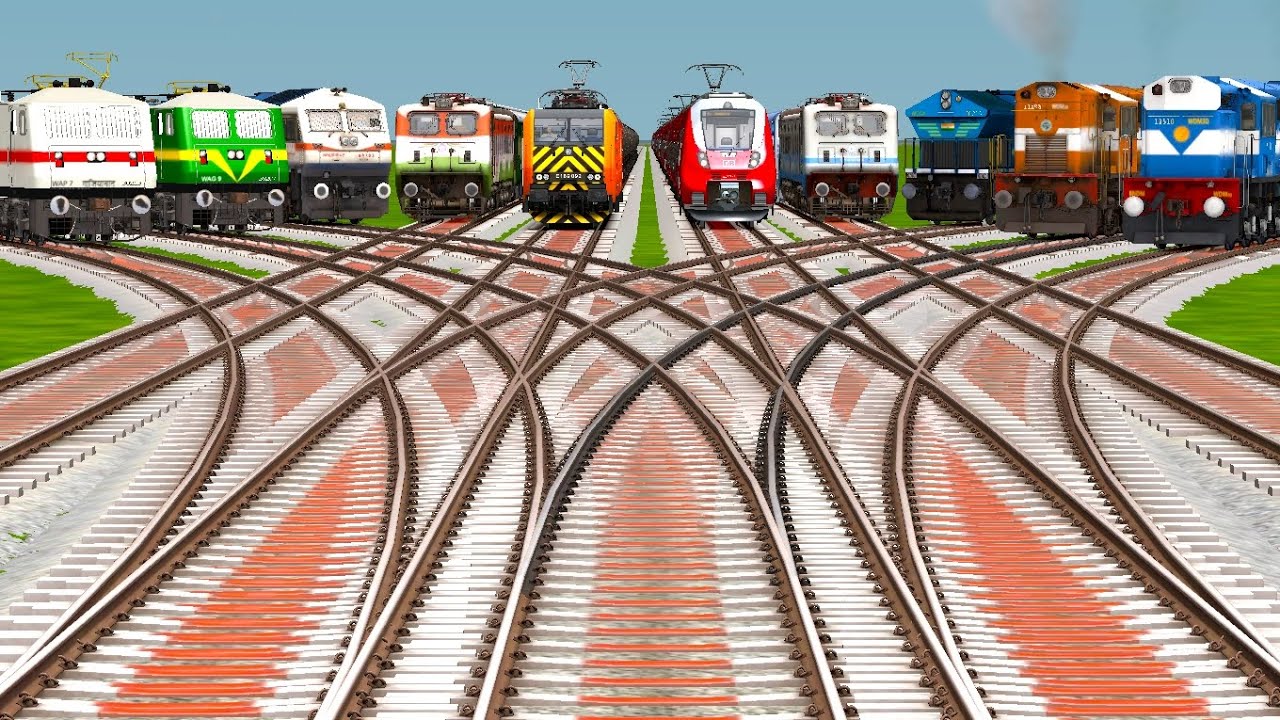 10 Trains ByPass On Bumpy📊Zigzag Railroad Crossings Tracks | Railworks ...