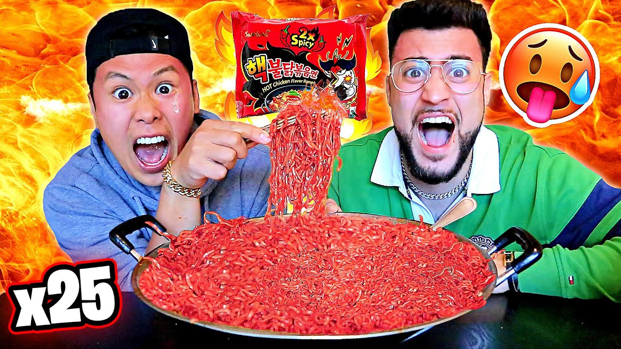 25x EXTREME SPICY FLAMING KOREAN NOODLES CHALLENGE 🔥 !! ft. Davidparody ...