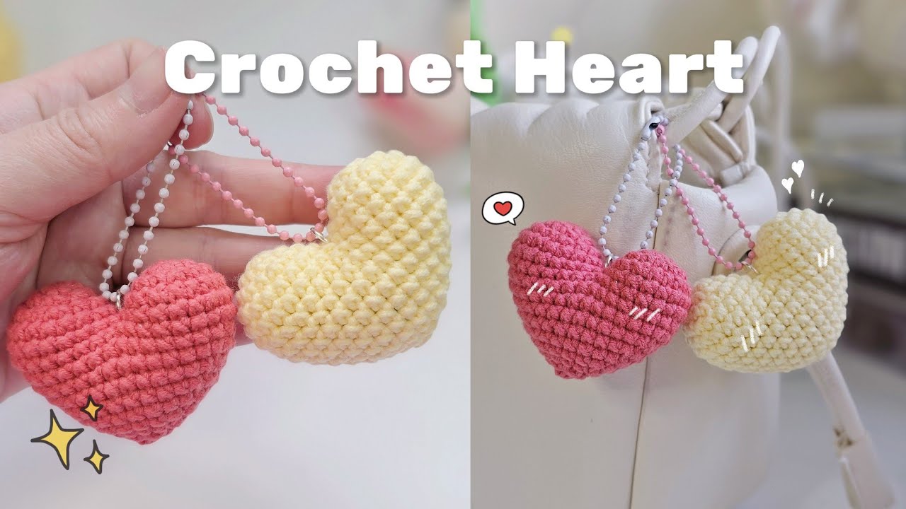 How to crochet a cute amigurumi heart ️♡💛 crochet heart keychain bag ...