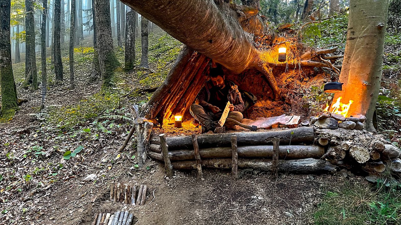 Bushcraft SURVIVAL Shelter; Building Dugout UNDER a FALLEN TREE ...