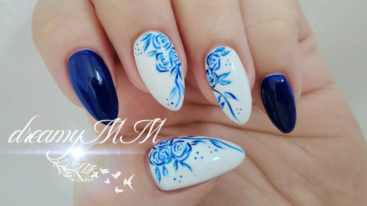 Blue Roses Freehand Nail Art - YouTube