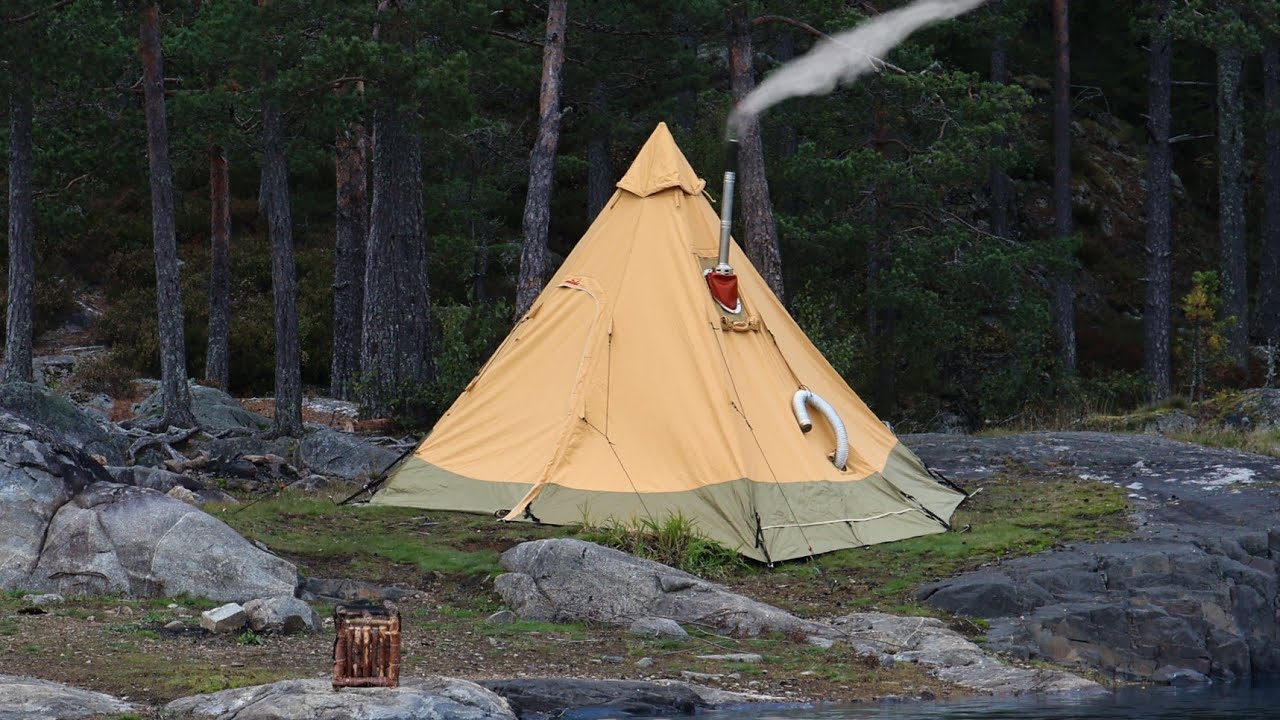Bushcraft Hot Tent Camping on an Island in Stormy Weather - Making a ...