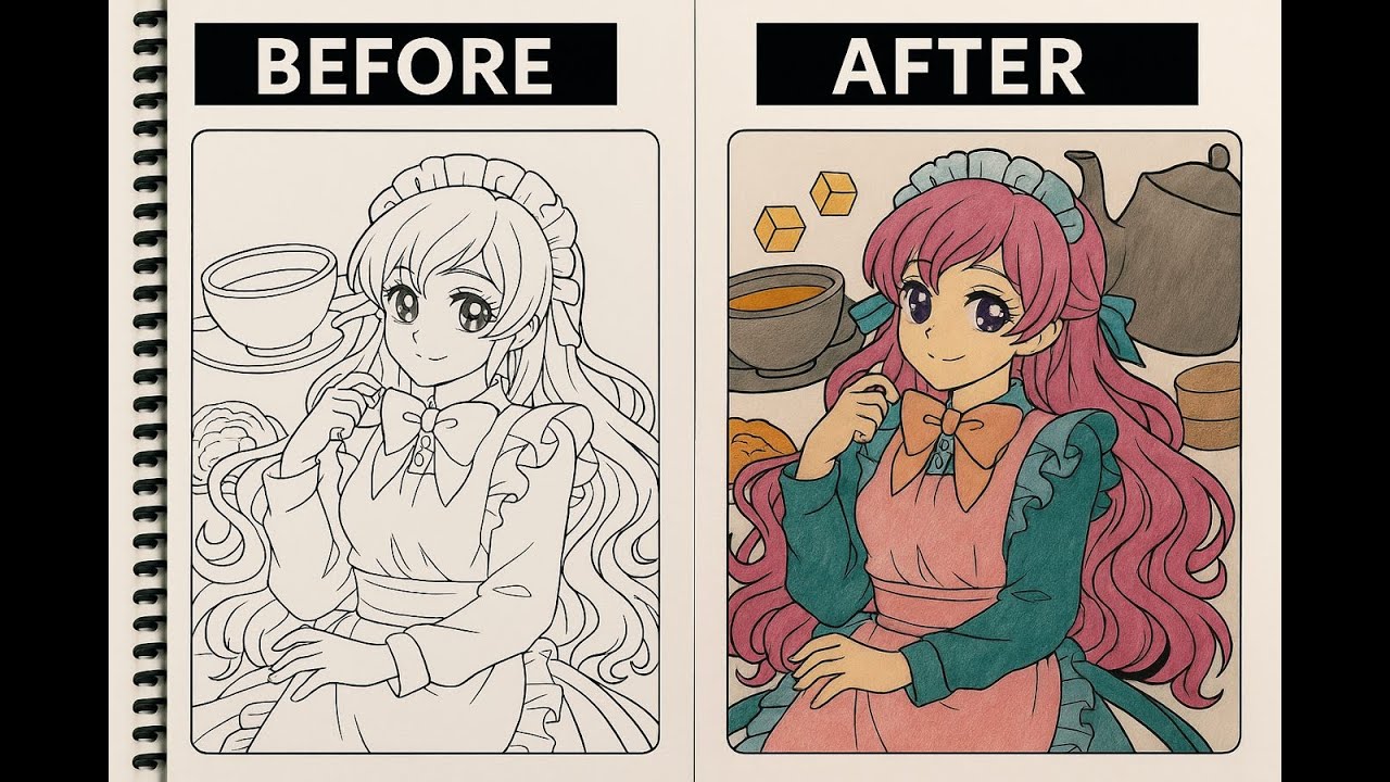 Before & After Coloring Anime Maid Art | Akuro Coloring Process - YouTube