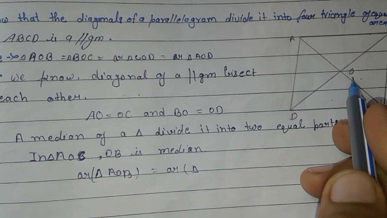 Show that the diagonal of a parallelogram divide into 4 triangle of ...