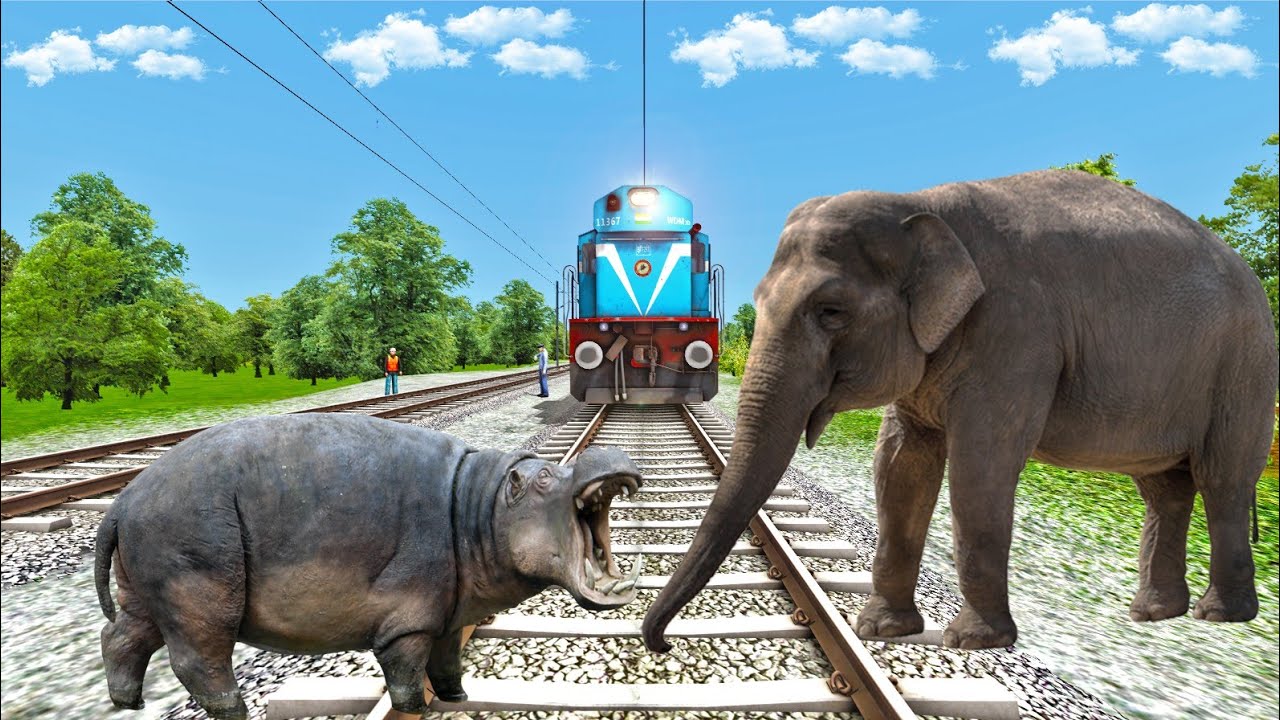 Angry Elephant Hippo Fight At Track And Stops The Train And Escapes In ...