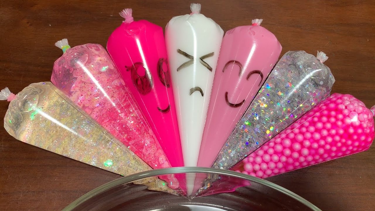 CUTE FACE! MAKING GLITTER SLIME With RAINBOW PIPING BAG ! BEST SLIME ...