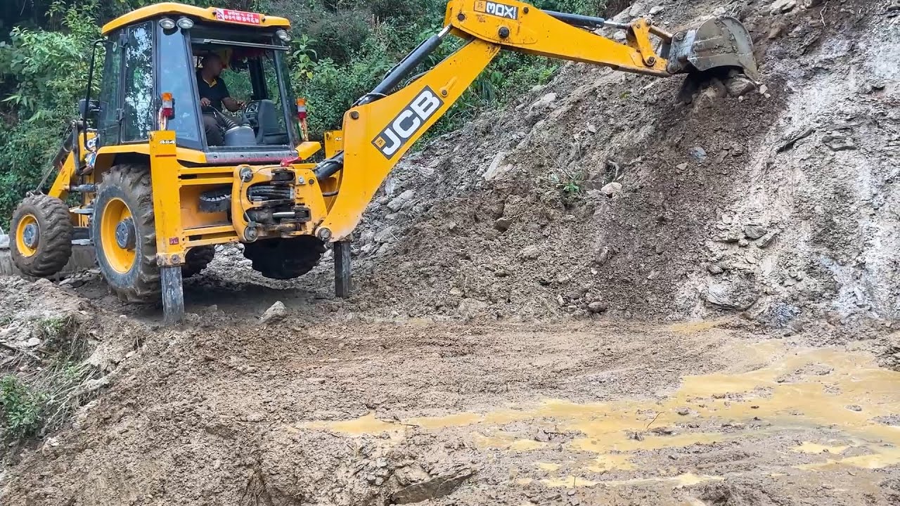 Unstable Hilly Road Earth Clearing-Wet and Sliding Road-Jcb Backhoe ...