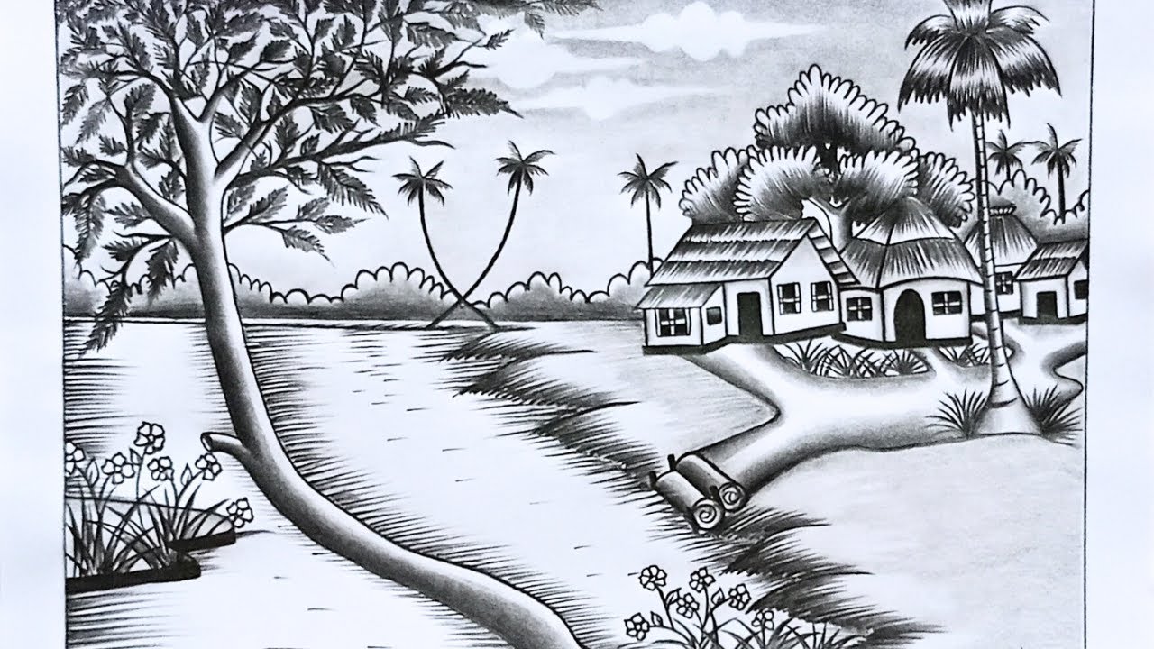 How to draw a beautiful village nature drawing,with pencil sketch 🎨🖌️ ️ ...