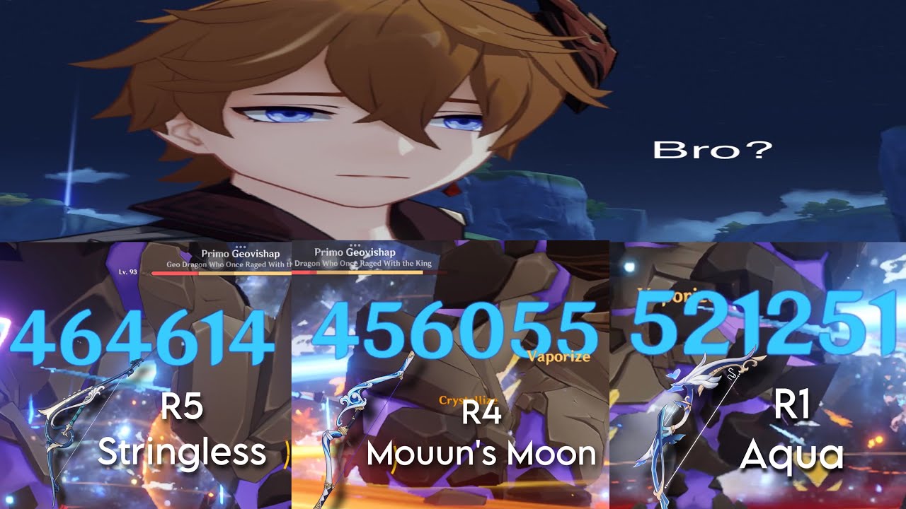 R1 Aqua Simulacra vs R5 Stringless vs R4 Mouun’s Moon bow | Tartaglia ...