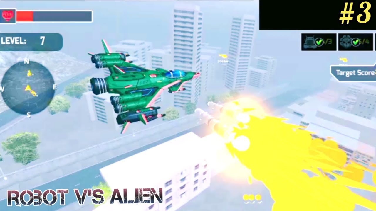 Robot V's Alien Ship Fire Earth: Red Robot; Robotic Creature Fight? Sky ...