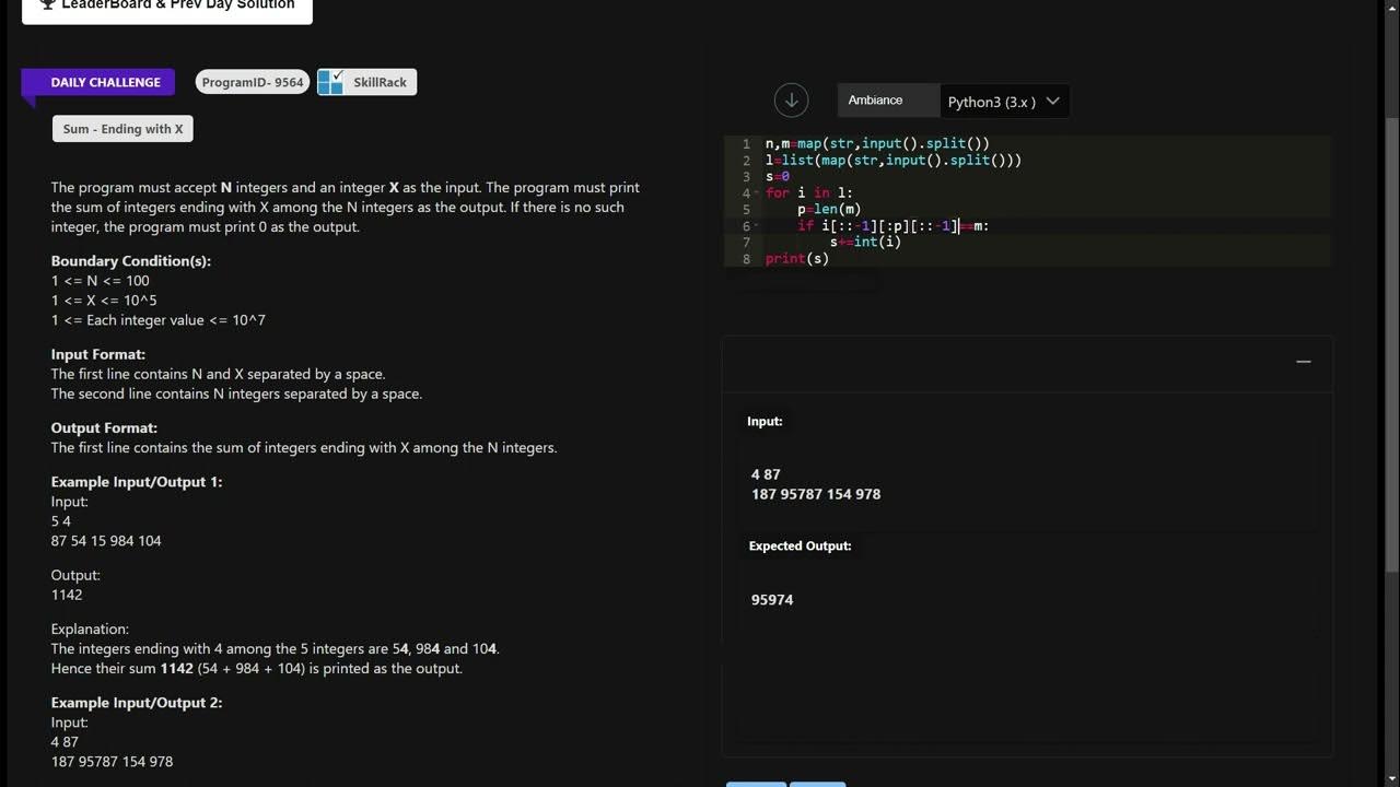SKILLRACK | DAILY CHALLENGE || 11/12/2023 || SUM - ENDING WITH X || PROGRAM ID 9564 || PYTHON ...