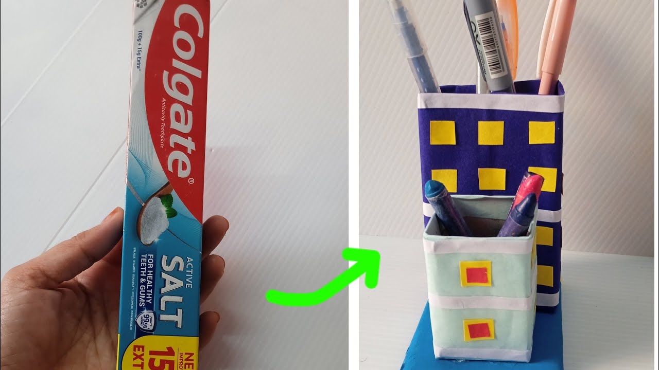 Colgate box reuse idea||Diy pencil holder making with Colgate box ...