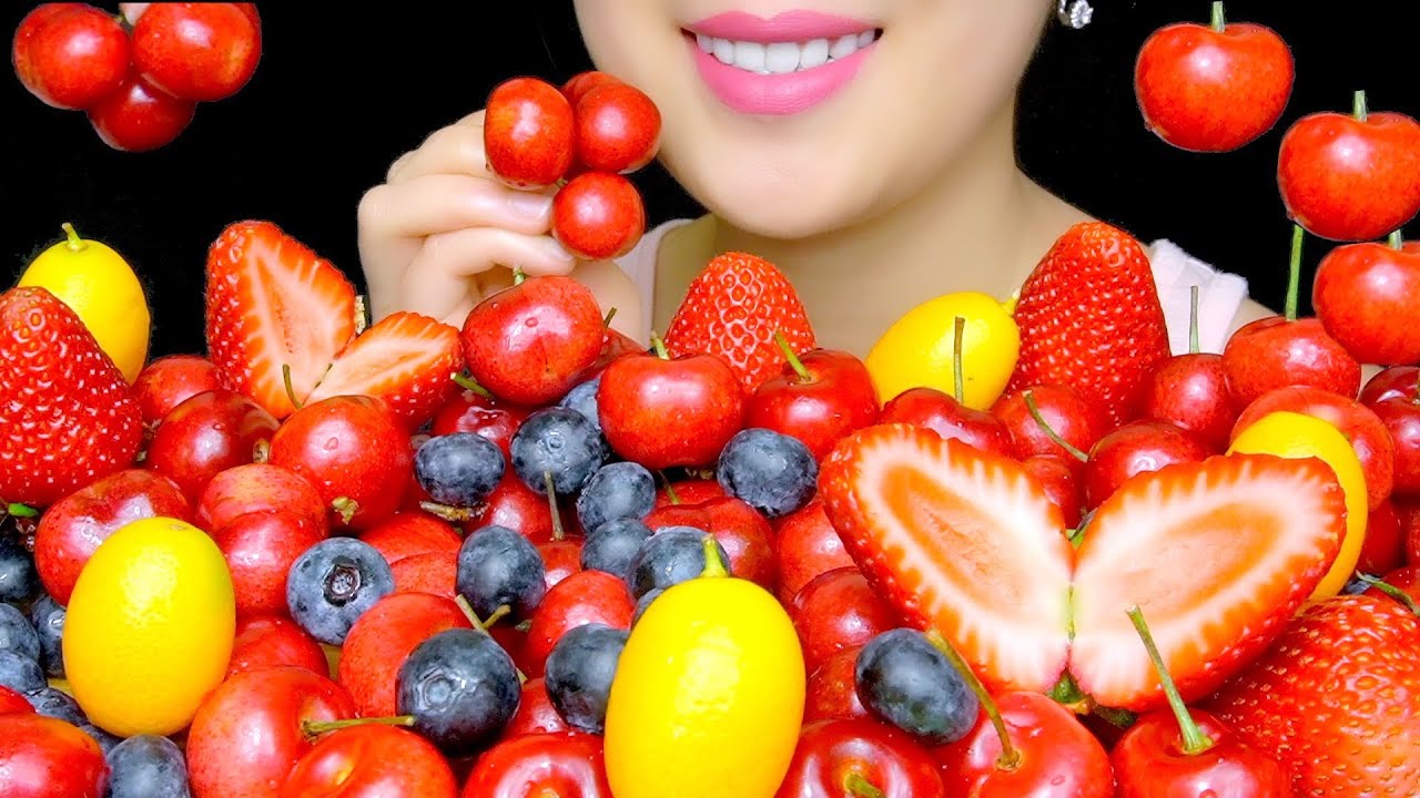 FRUIT ASMR: ASMR FRUIT PLATTER (CHERRIES, BLUEBERRIES, STRAWBERRIES ...