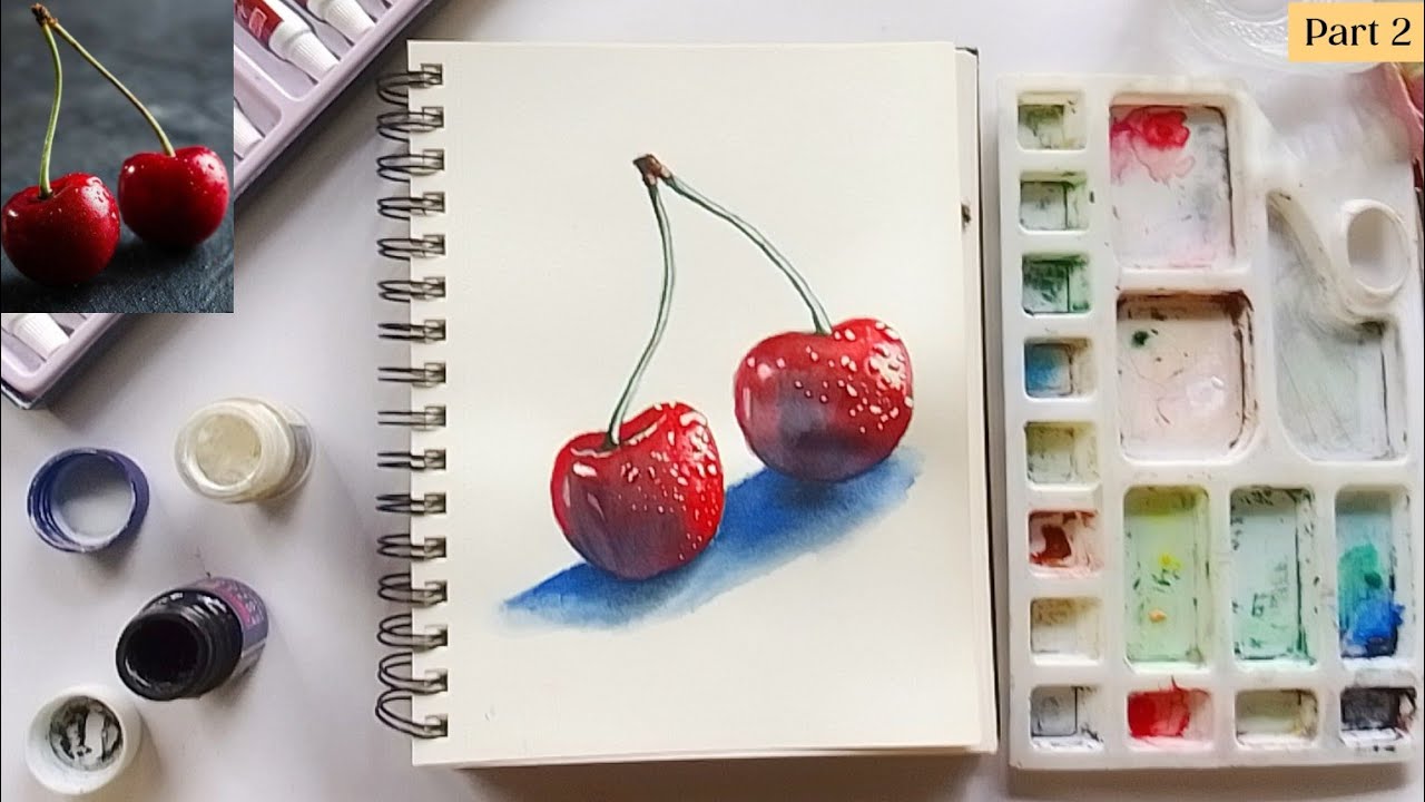 How to draw cherry, still life drawing, step by step, watercolor ...