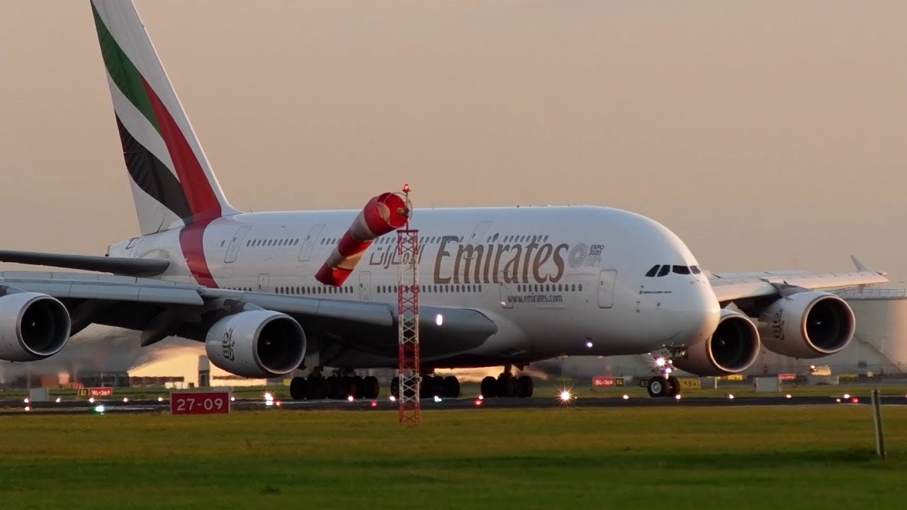 Emirates Airbus A380 - Sunset Landing at Schiphol Amsterdam - YouTube