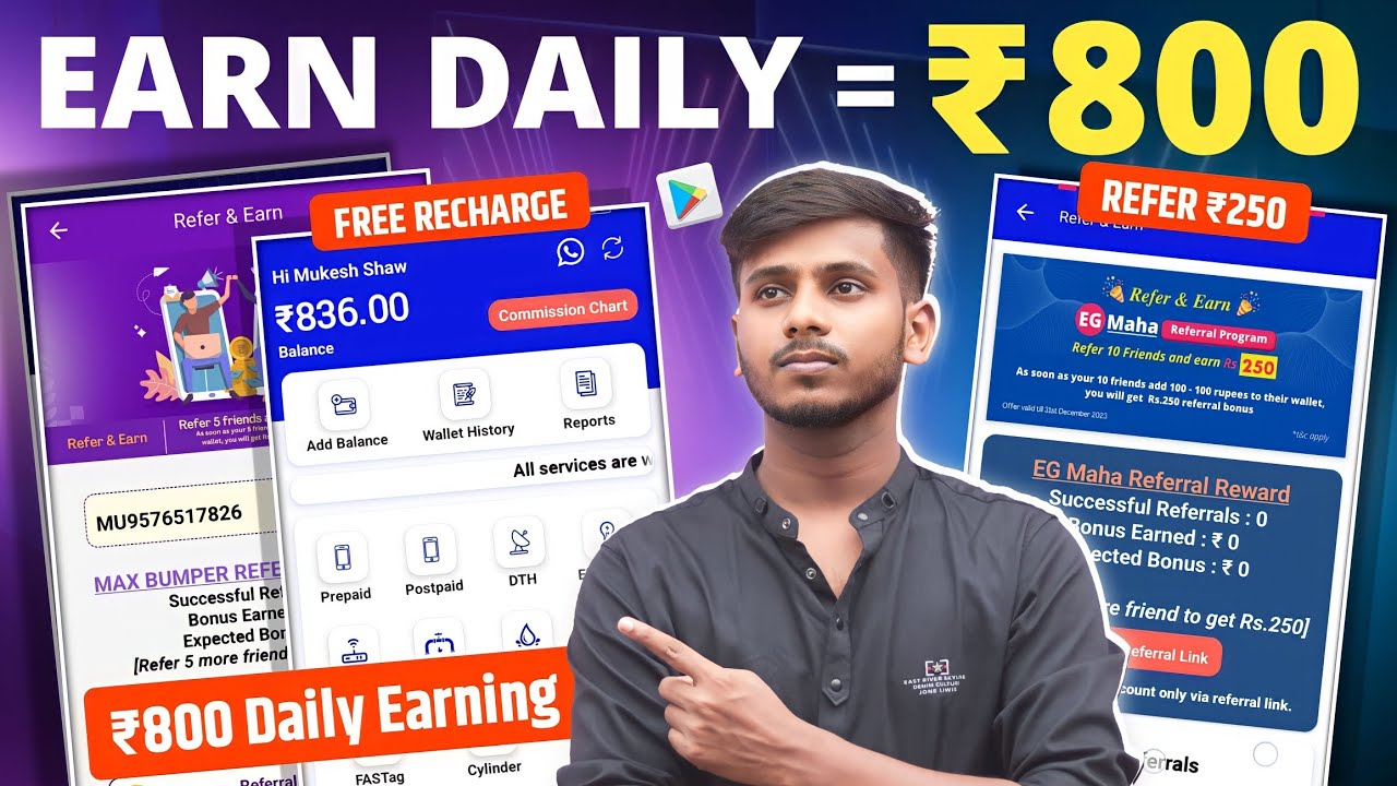 FREE RECHARGE + ₹800 Daily Earning App | Top 2 New Self Money Earning ...
