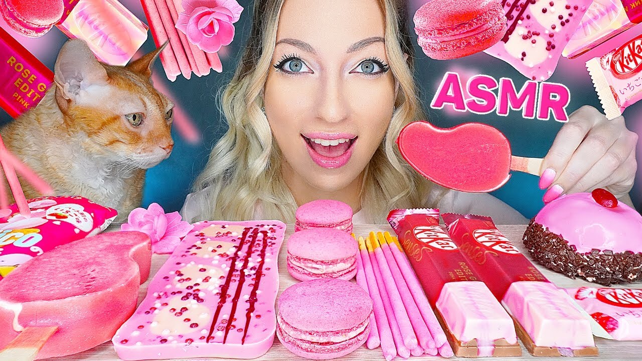 ASMR EATING PINK FOOD, CHOCOLATE, ICE CREAM, CAKE, 아이스크림, 케이크 ...