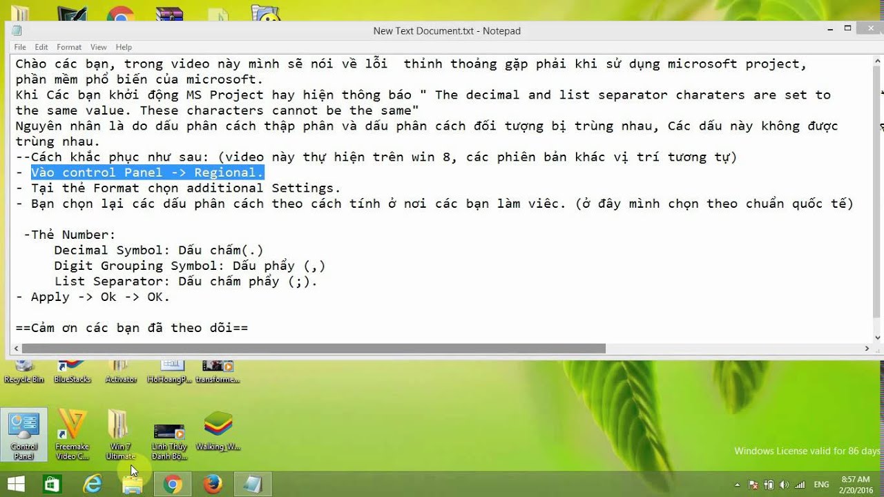 Khắc phục lỗi "The decimal and list separator charaters are set to the ...