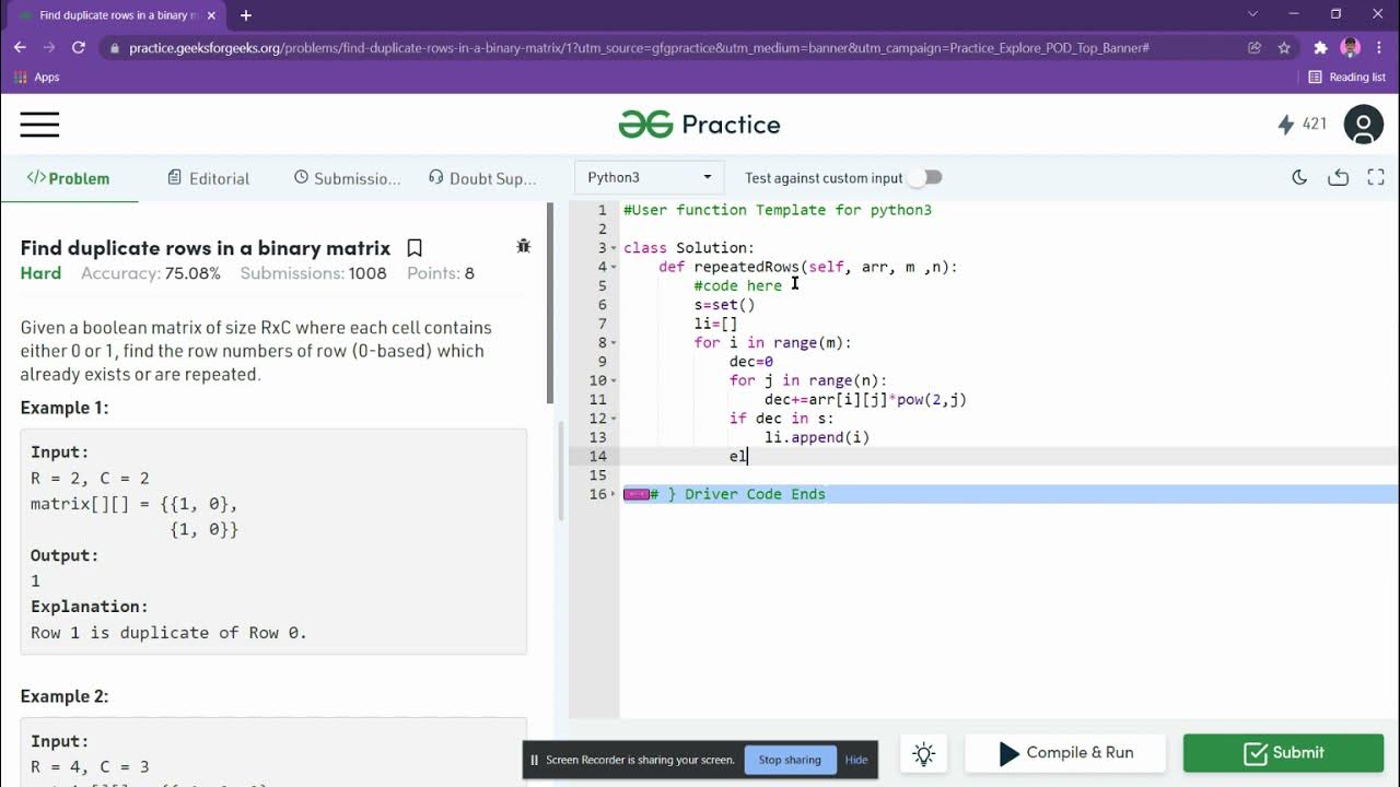 Find Duplicate rows in a binary Matrix | GeeksForGeeks Daily Challenge | GFG Hard Problem - YouTube