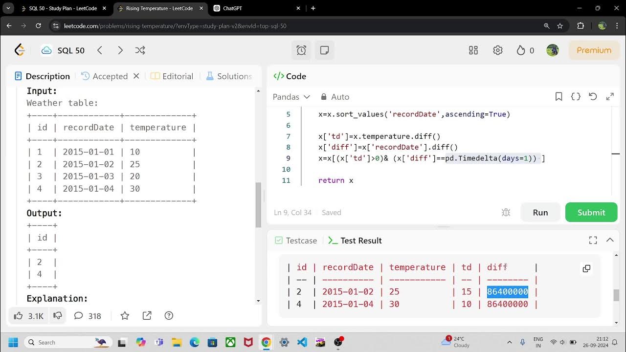 Leetcode Rising Temperature Sql And Pandas Problem 9 Datatechinfo Youtube